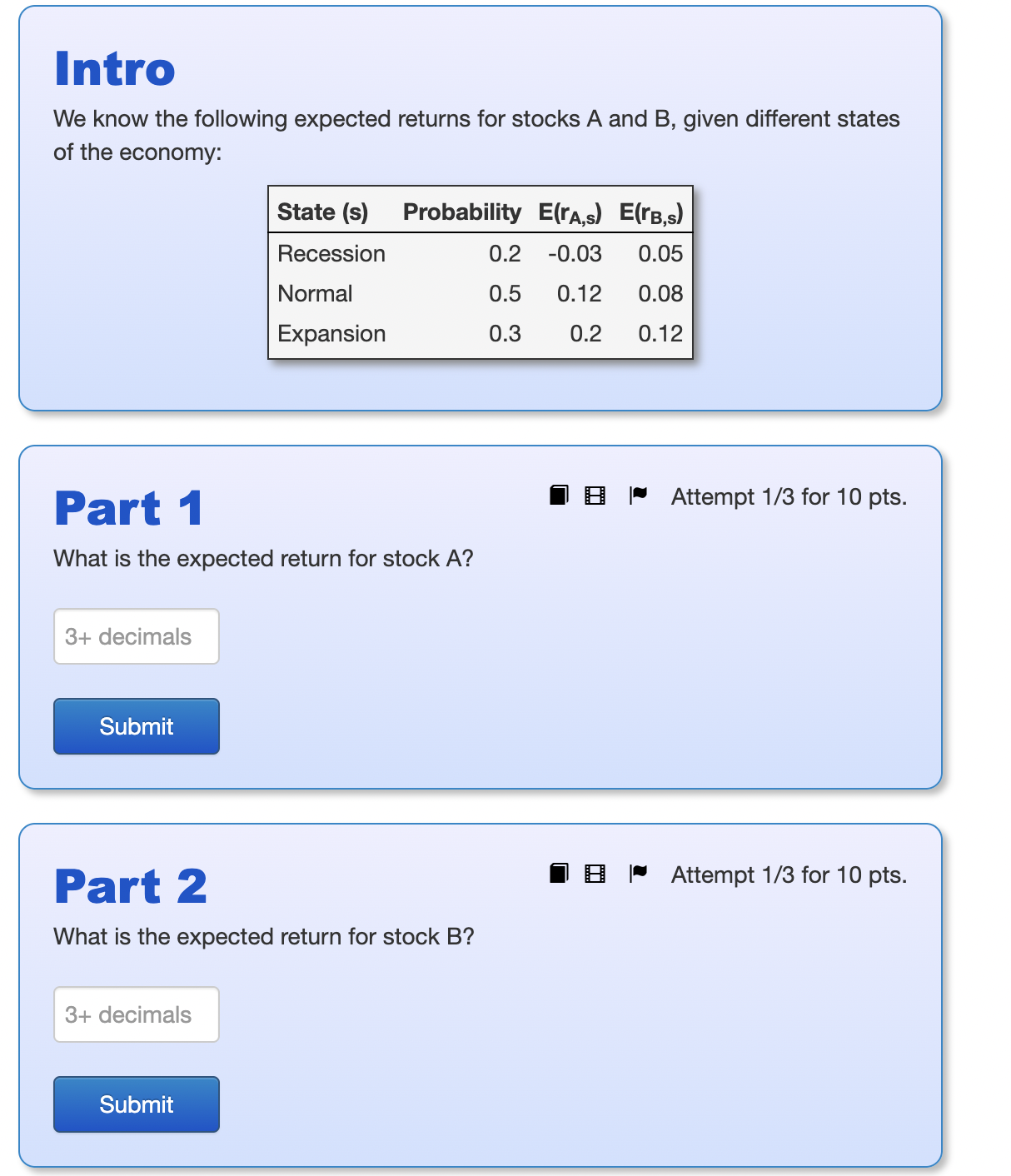 Solved We know the following expected returns for stocks A | Chegg.com