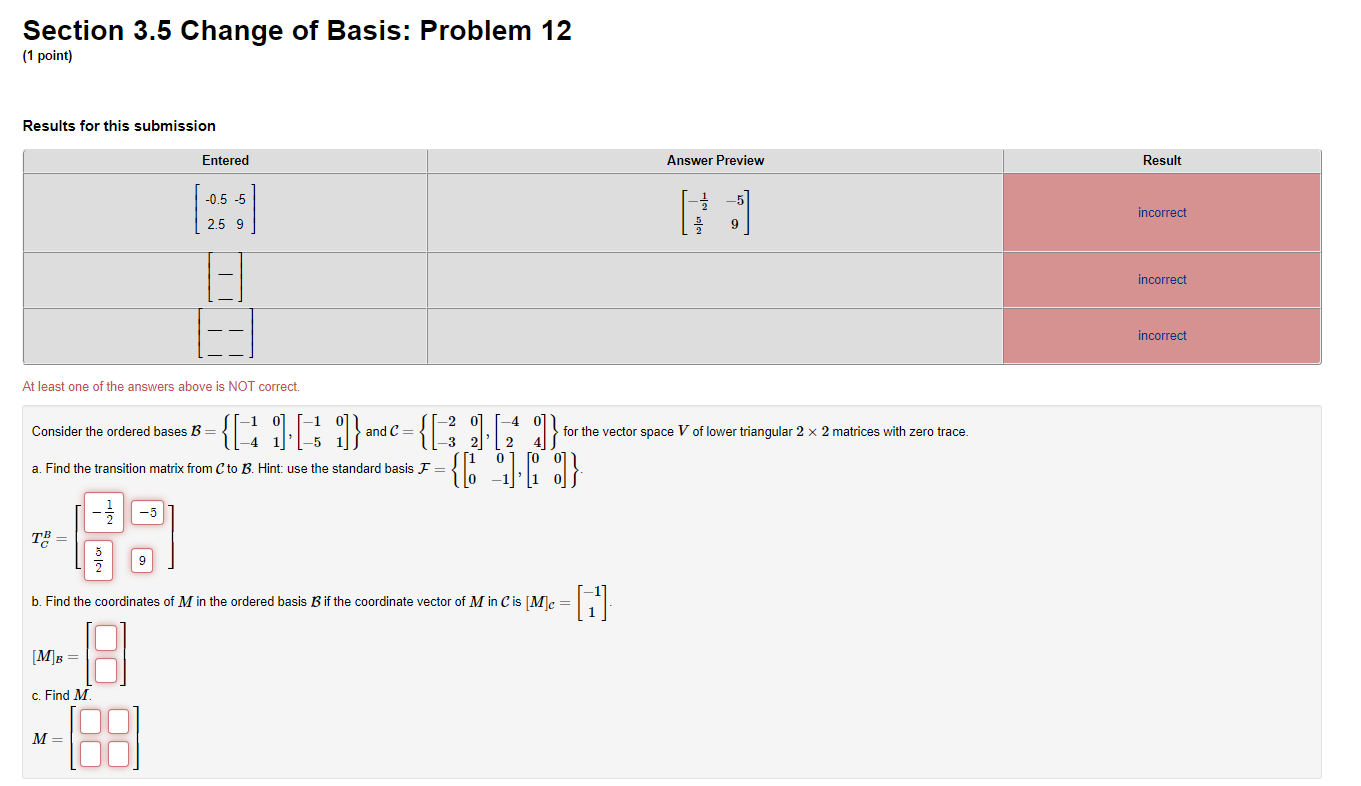 Solved Section 3.5 Change of Basis: Problem 12 (1 point) | Chegg.com