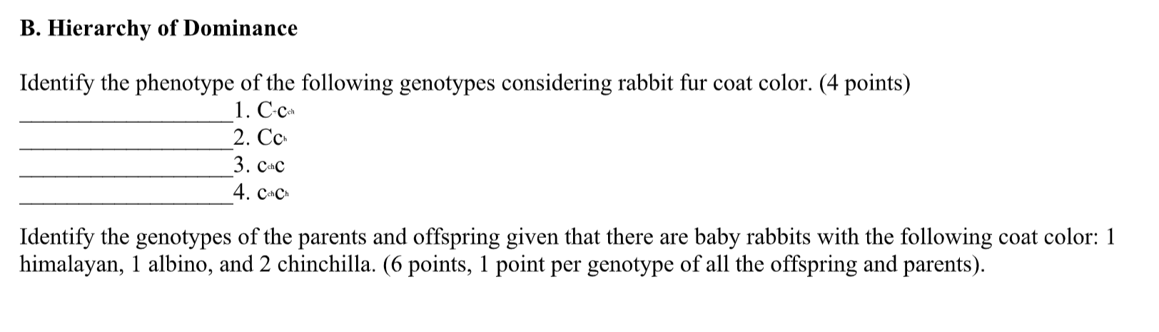 Solved B. Hierarchy of Dominance Identify the phenotype of | Chegg.com