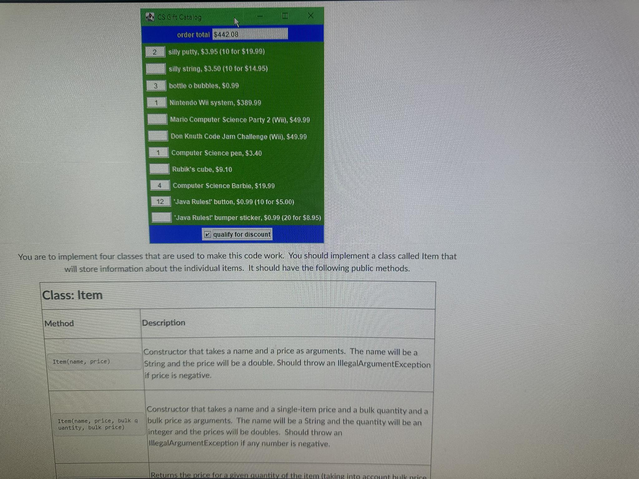 Solved You should implement a class called ItemOrder that | Chegg.com