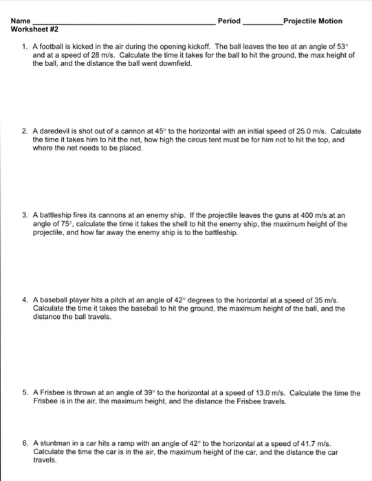 Solved PeriodProjectile Motion Name Worksheet #2 1. A | Chegg.com