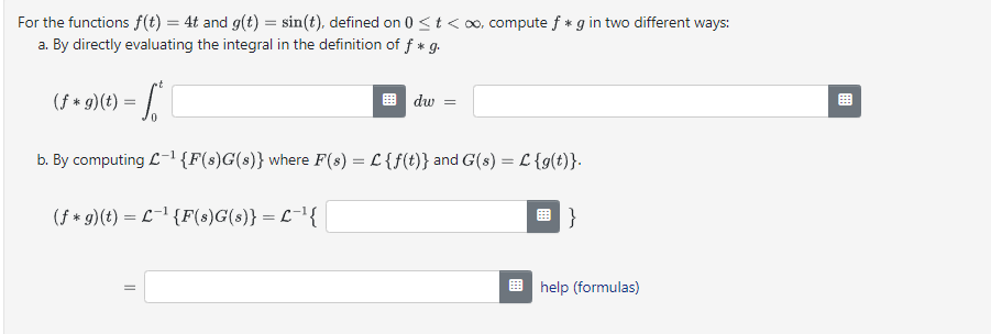 Solved For the functions f(t)=4t ﻿and g(t)=sin(t), ﻿defined | Chegg.com