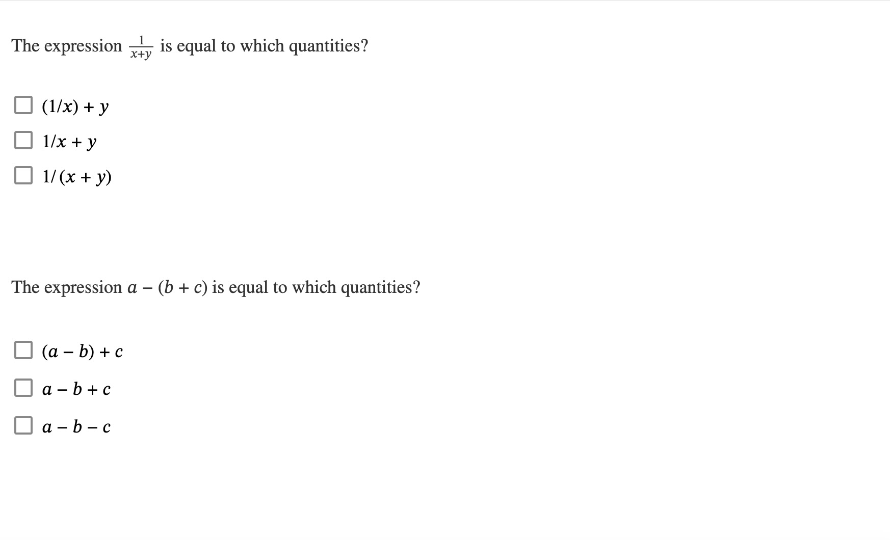 Solved The expression a-(b+c) ﻿is equal to which | Chegg.com
