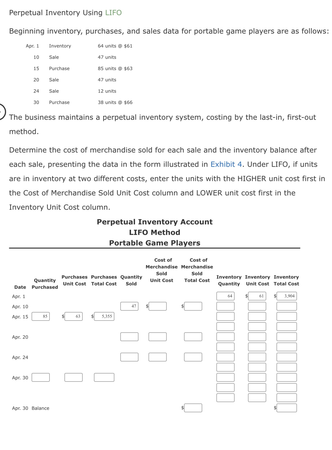 Solved Perpetual Inventory Using LIFO Beginning inventory, | Chegg.com