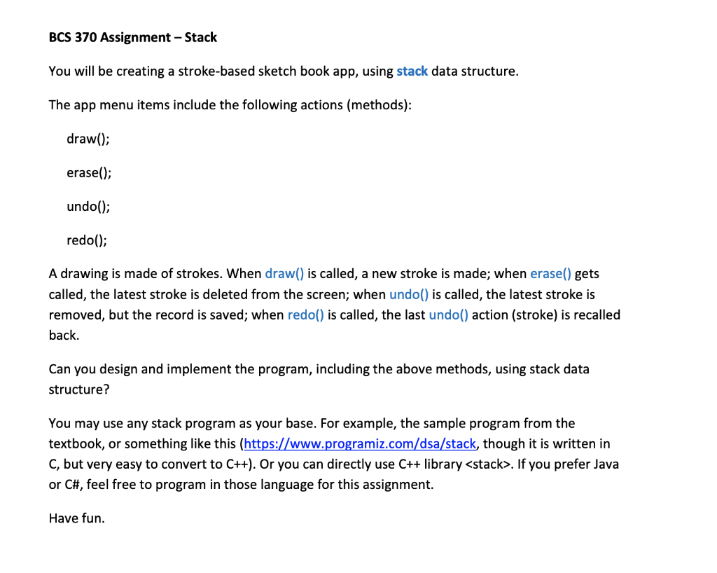Solved BCS 370 Assignment - Stack You will be creating a | Chegg.com