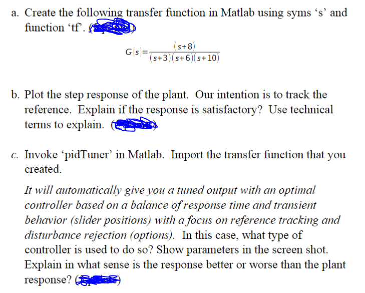 Solved a. Create the following transfer function in Matlab | Chegg.com