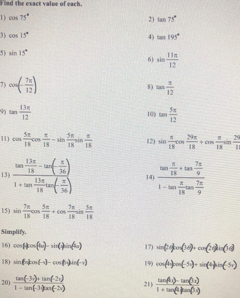 Solved Find the exact value of each. ) cos 75 2) tan 75 B) | Chegg.com