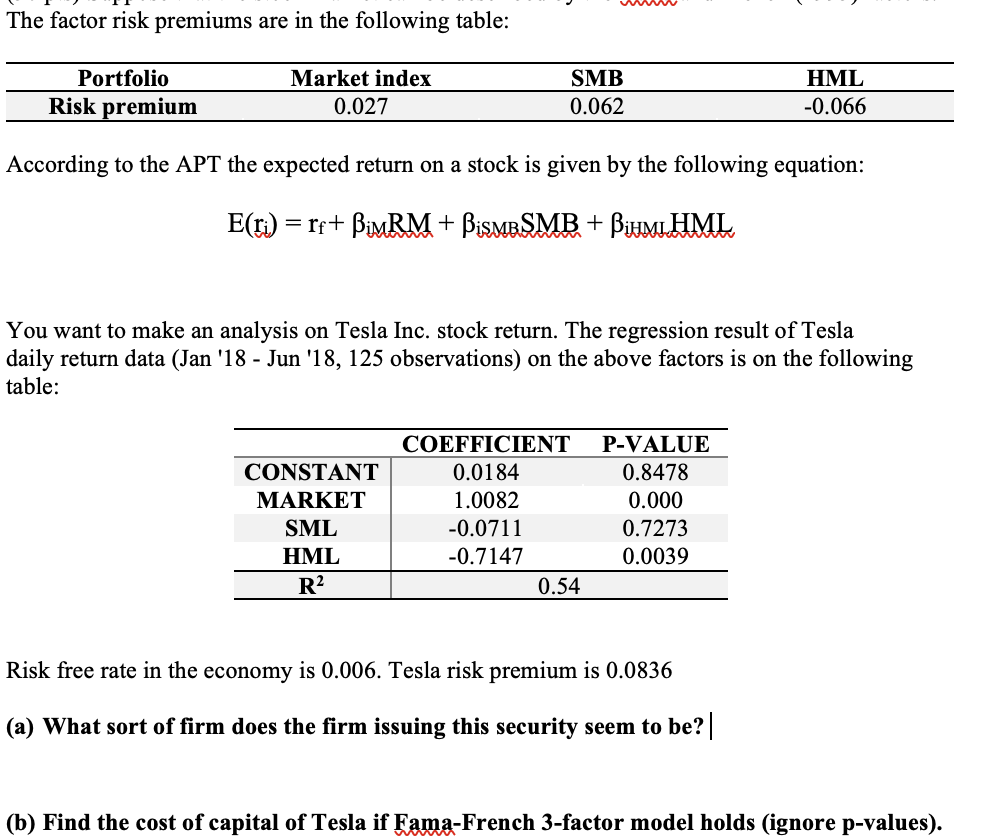 The factor risk premiums are in the following table: | Chegg.com