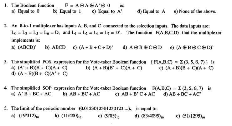 Solved 1, The Boolean function F = AAA' OO is: a) Equal to 0 | Chegg.com