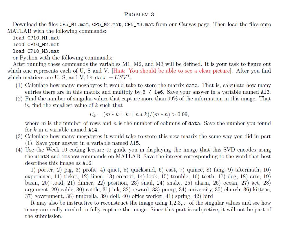 Solved Problem 3Download the files CP5_M1.mat, CP5_M2.mat, | Chegg.com