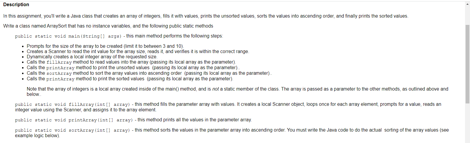 Solved Write a class named ArraySort that has no instance | Chegg.com