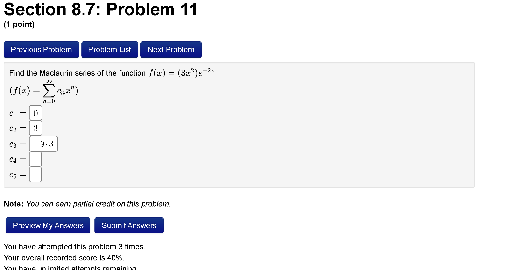 Solved Section 8.7: Problem 9 (1 point) Previous Problem | Chegg.com