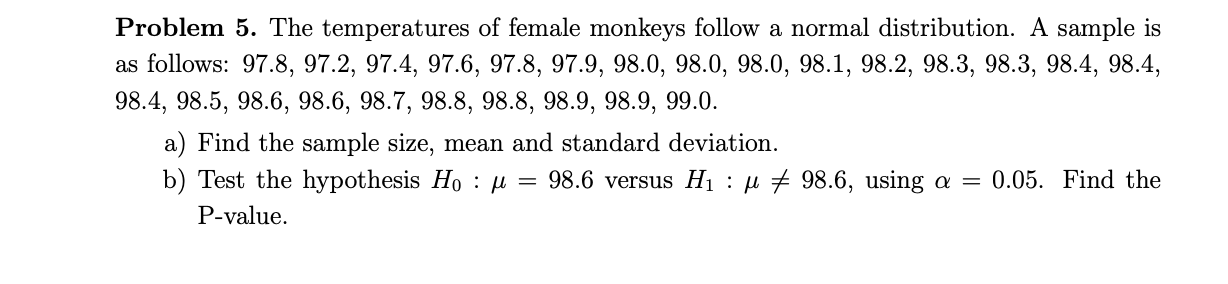 Solved Problem 5. ﻿The temperatures of female monkeys follow | Chegg.com
