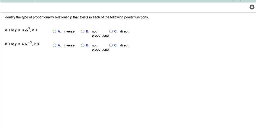 Solved Identify the type of proportionality relationship | Chegg.com