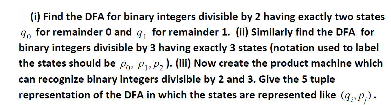 Solved (i) Find the DFA for binary integers divisible by 2 | Chegg.com