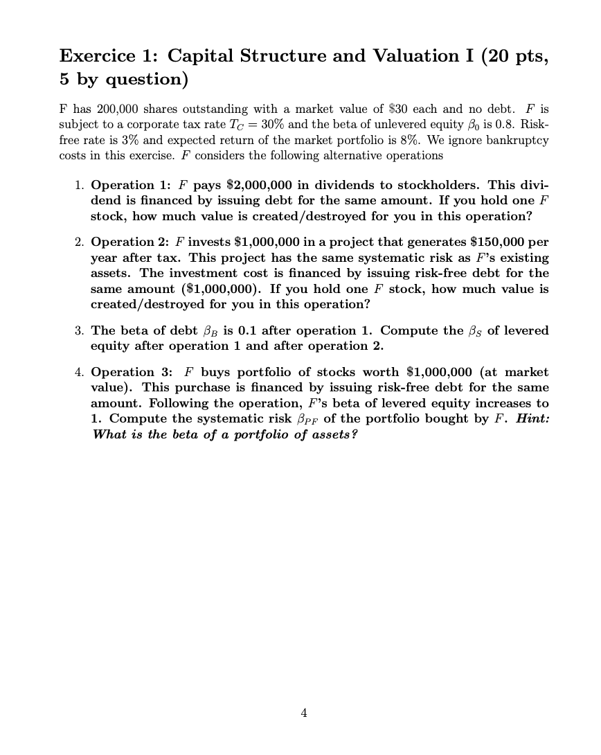 Exercice 1: Capital Structure and Valuation I (20 | Chegg.com