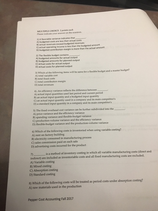 Solved MULTIPLE CHOICE 2 points eack Please indicate your | Chegg.com