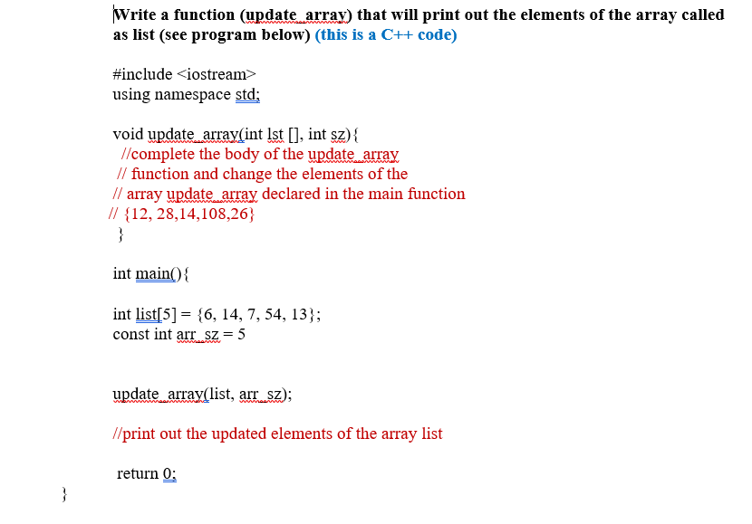 Solved Write a function (update array) that will print out | Chegg.com