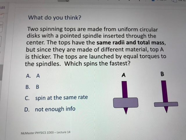 Solved Edit What do you think? Two spinning tops are made | Chegg.com