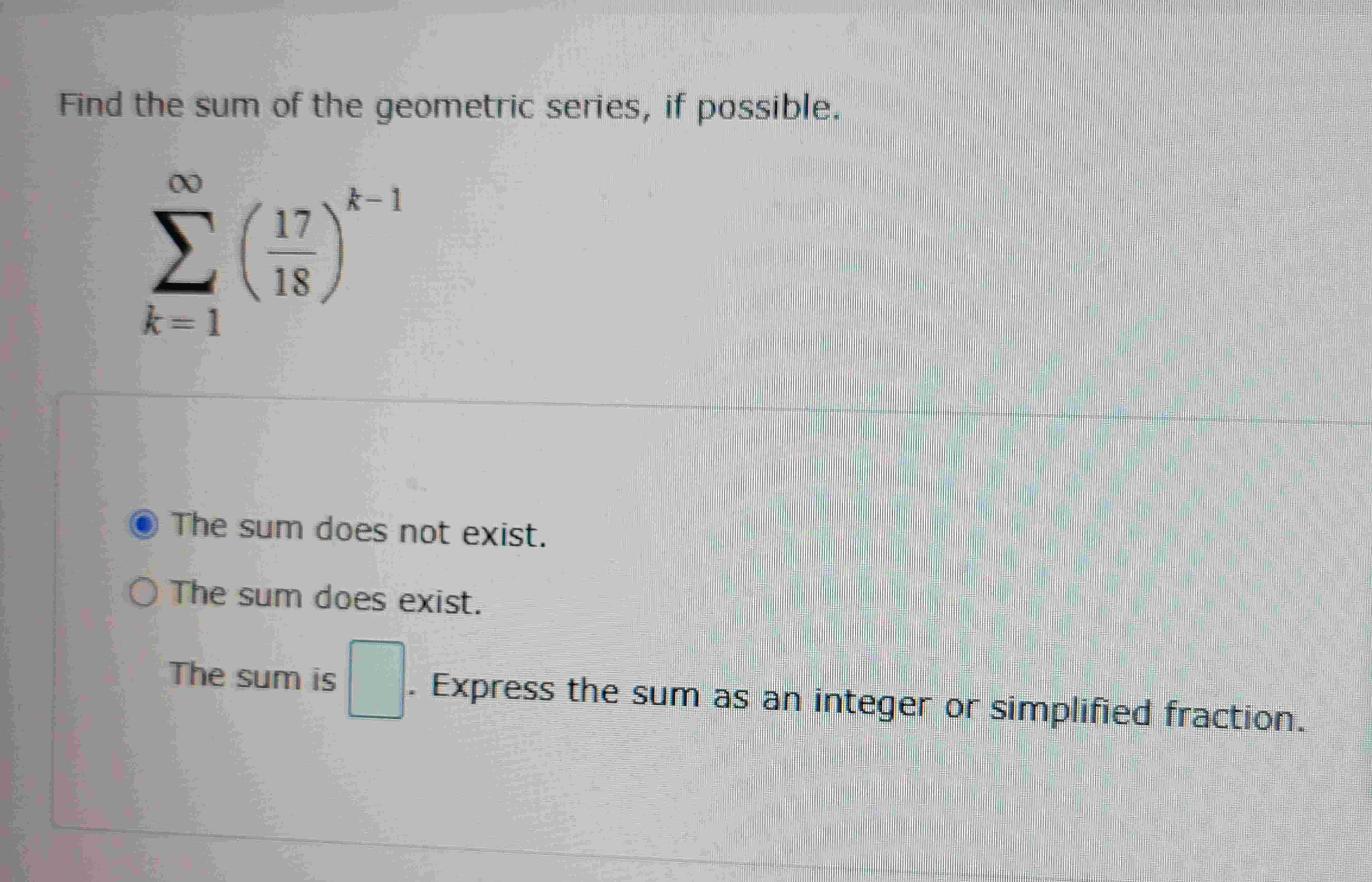 Solved Find the sum of ﻿the geometric series, if | Chegg.com