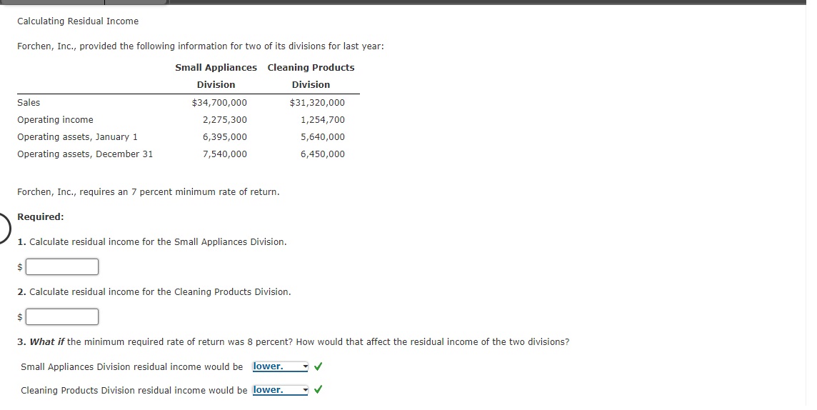 Calculating Residual Income Forchen, Inc., provided | Chegg.com