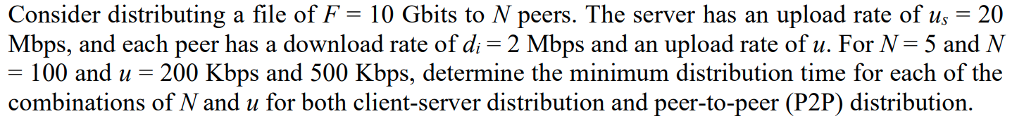 Solved Consider distributing a file of F = 10 Gbits to N | Chegg.com