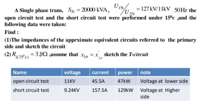 A Single phase trans, SN=20000kVA,U1 N/U2 | Chegg.com
