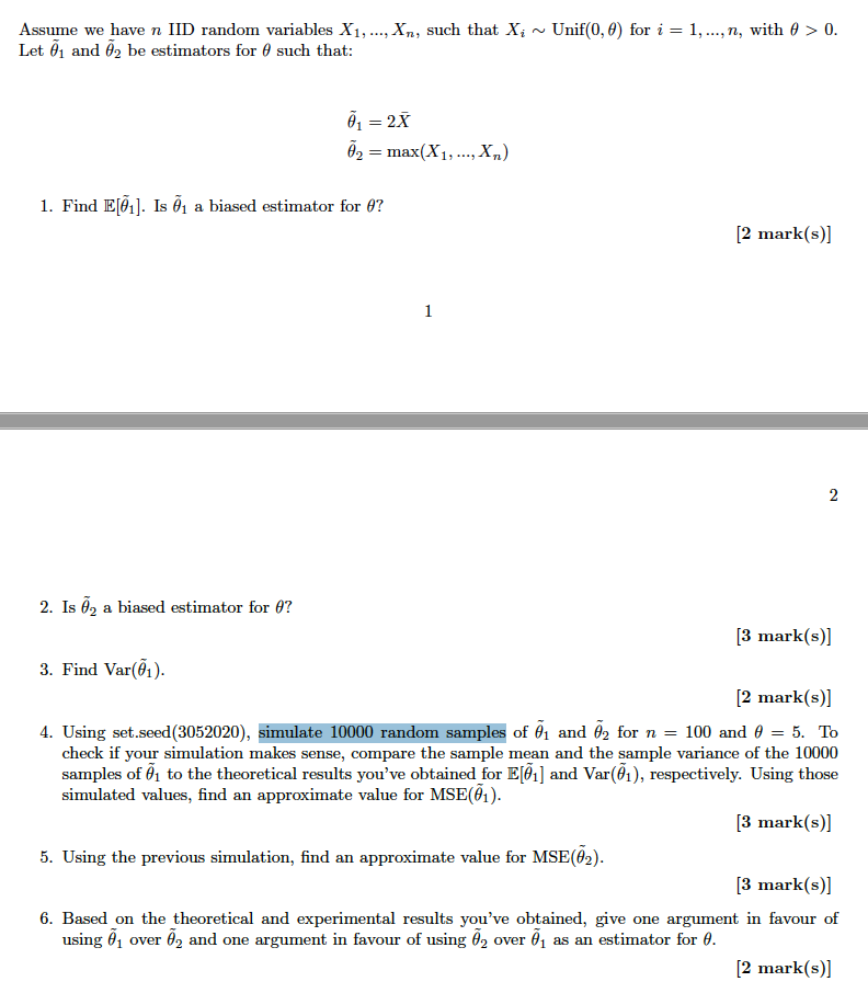 Solved Assume we have n IID random variables X1, ..., Xn, | Chegg.com