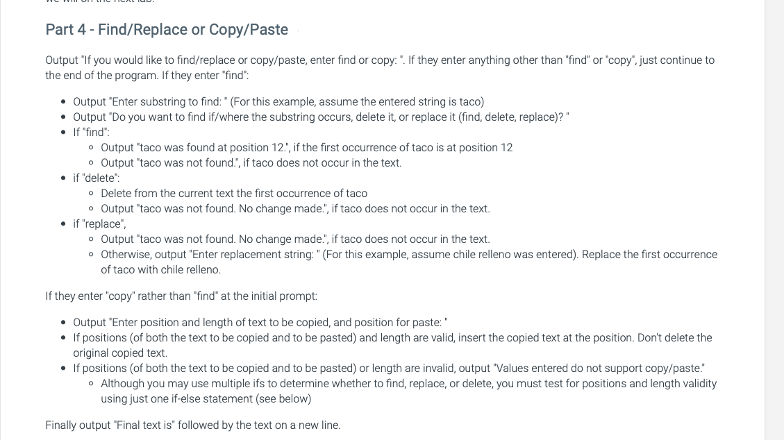 Part 1 -Initial Text Input Prompt the user to input | Chegg.com