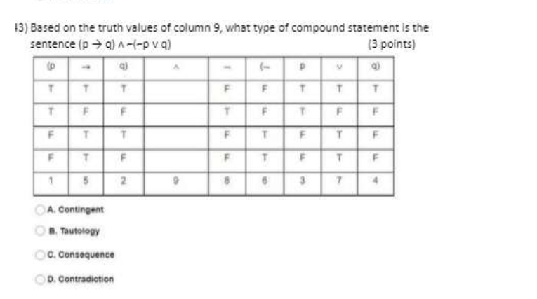 Solved 13) Based on the truth values of column 9, what type | Chegg.com