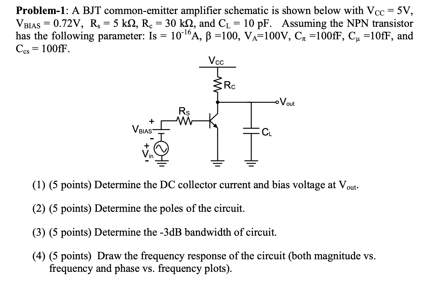 Problem-1: A BJT common-emitter amplifier schematic | Chegg.com