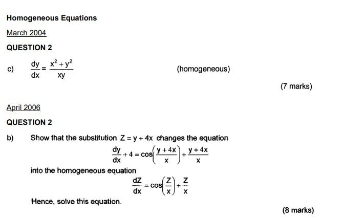 Solved Homogeneous Equations March 2004 QUESTION 2 c) | Chegg.com