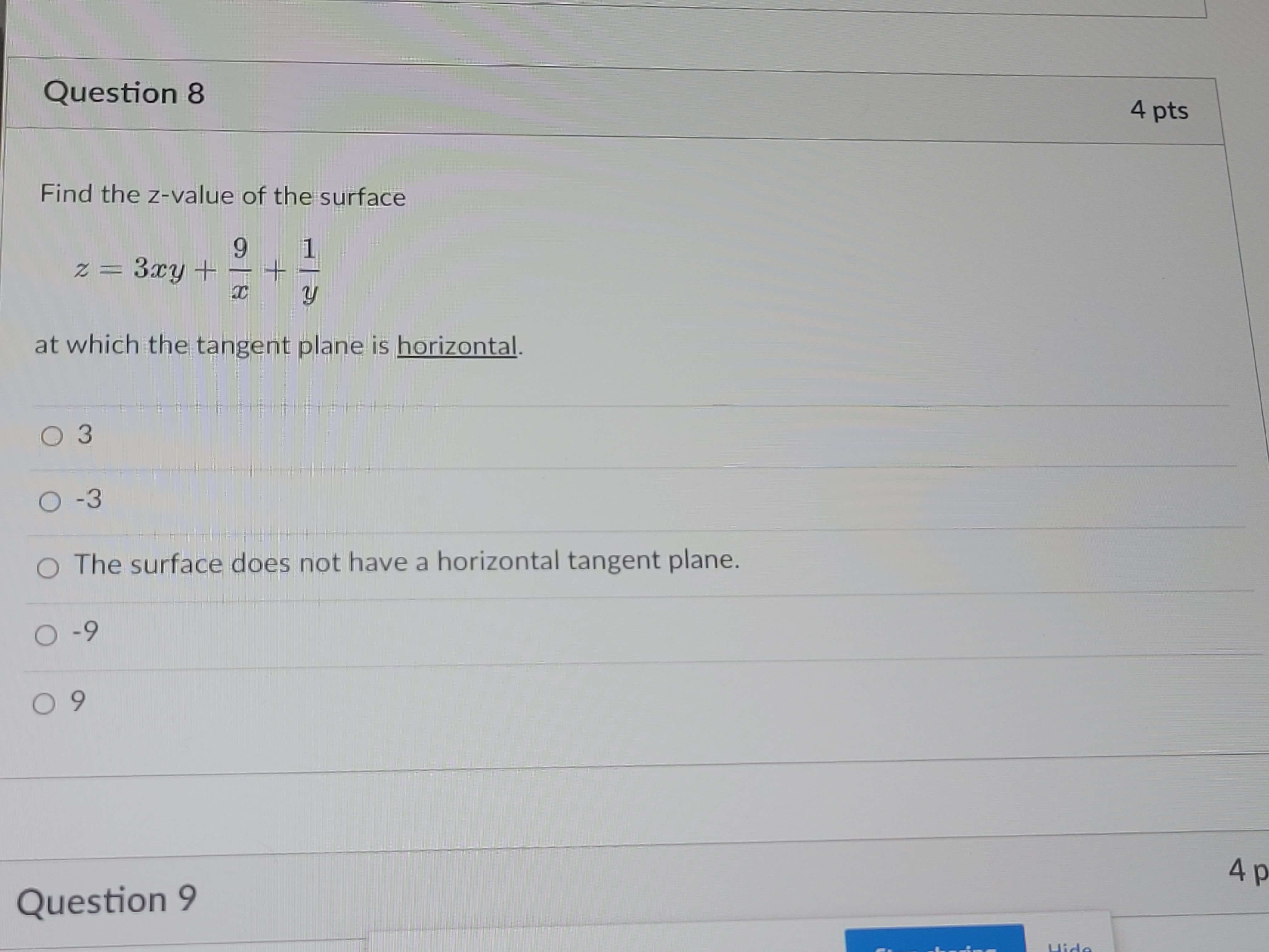 Solved Find the z-value of the surface z=3xy + 9/x + 1/y at | Chegg.com