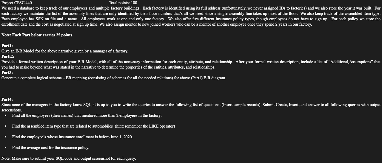Solved Project CPSC 440 Total points: 100 enrollment date | Chegg.com