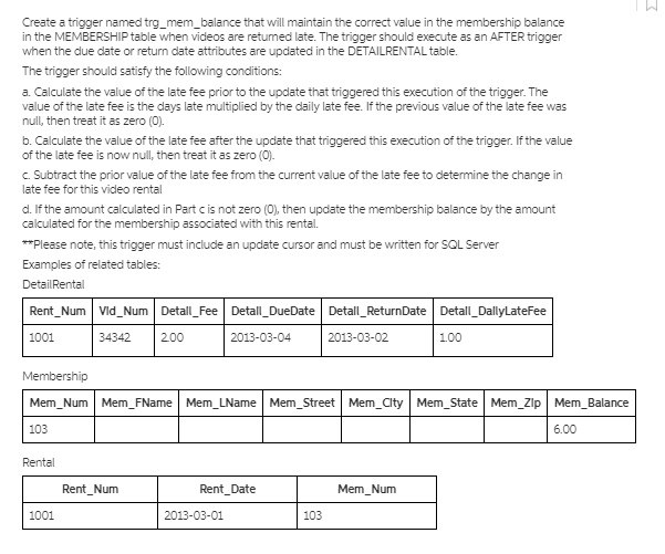 Solved 3 Create a trigger named trg_mem_balance that will | Chegg.com