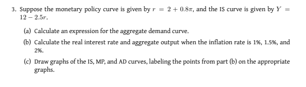 Solved 3. Suppose the monetary policy curve is given by r = | Chegg.com