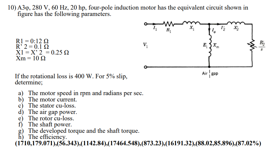 Solved 0) A 3φ,280 V,60 Hz,20hp, four-pole induction motor | Chegg.com