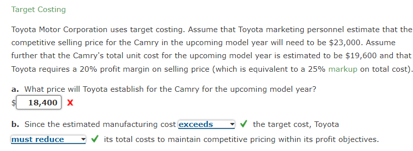 Solved Target Costing Toyota Motor Corporation uses target | Chegg.com