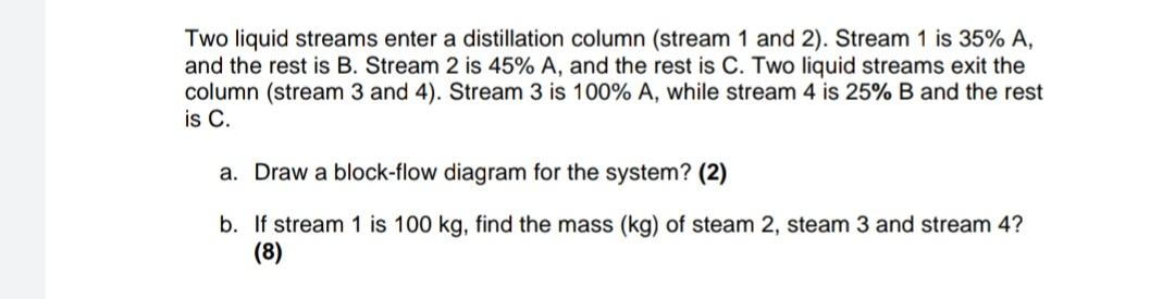 Solved Two liquid streams enter a distillation column | Chegg.com