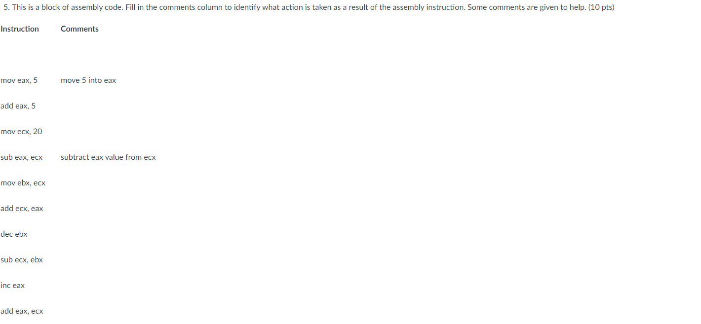 Solved is is a block of assembly code. Fill in the comments | Chegg.com