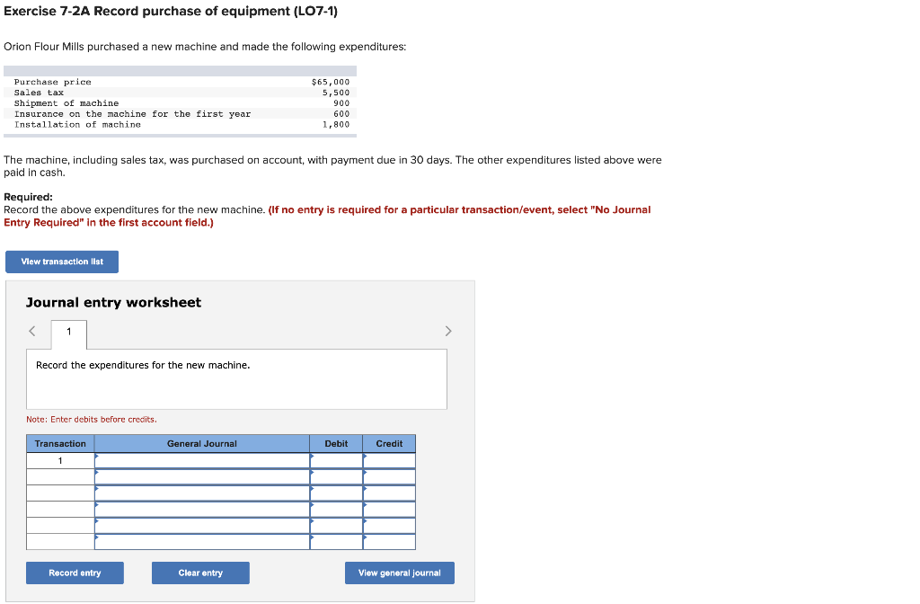 Solved Exercise 7-2A Record purchase of equipment (L07-1) | Chegg.com
