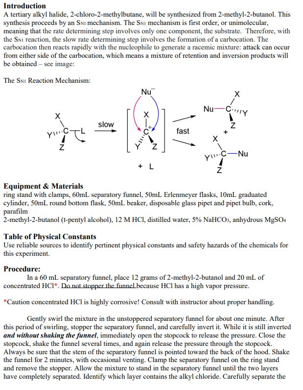 Solved Synthesis of 2-chloro-2-methylbutane Goal: 1-2 | Chegg.com