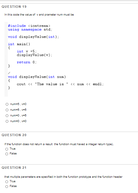 Solved QUESTION 19 In this code the value of v and prameter | Chegg.com