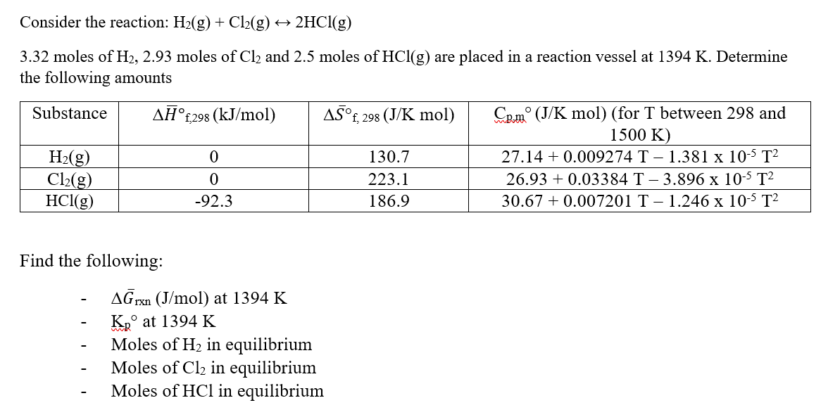 Solved Consider the reaction: H2(g) + Cl2(g) 2HCl(g) 3.32 | Chegg.com