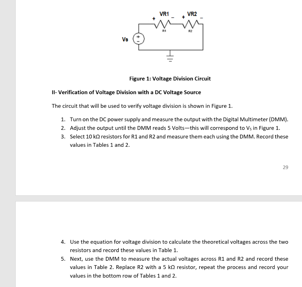 Solved VR1 VR2 + RI R2 Vs Figure 1: Voltage Division Circuit | Chegg.com