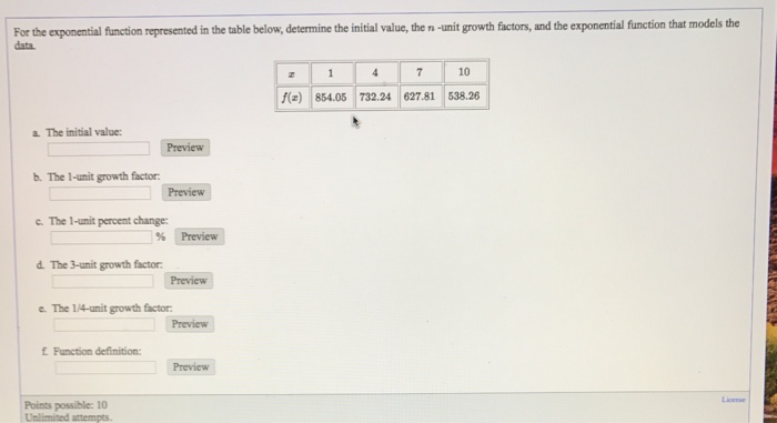Solved For the exponential function represented in the table | Chegg.com