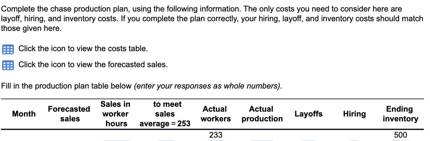 Solved Complete the chase production plan, using the | Chegg.com