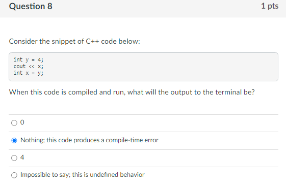 Consider the snippet of C++ code below: int y = 4; | Chegg.com