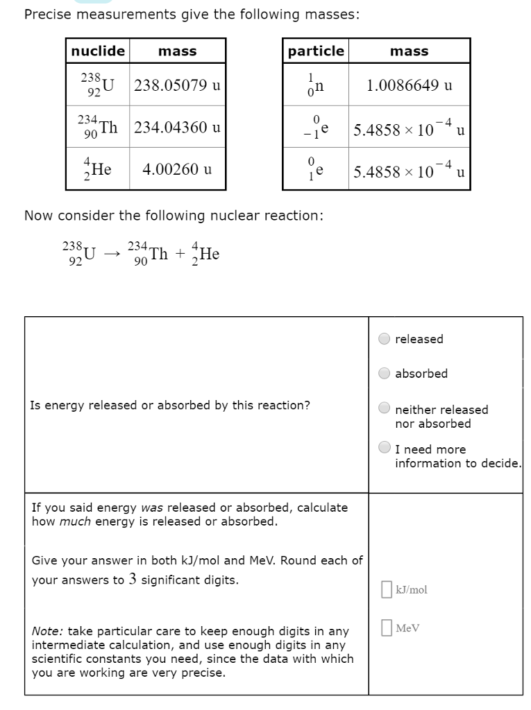 Solved Precise measurements give the following masses: | Chegg.com