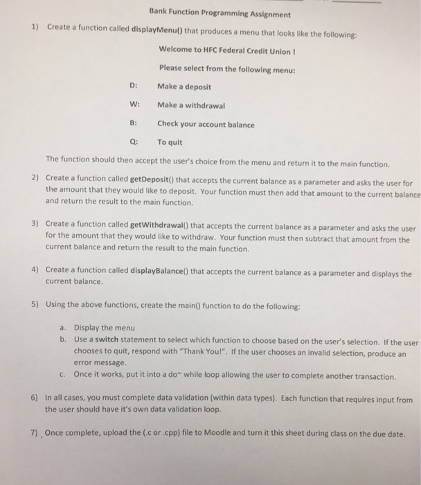 Solved Bank Function Programming Assignment 1) Create a | Chegg.com